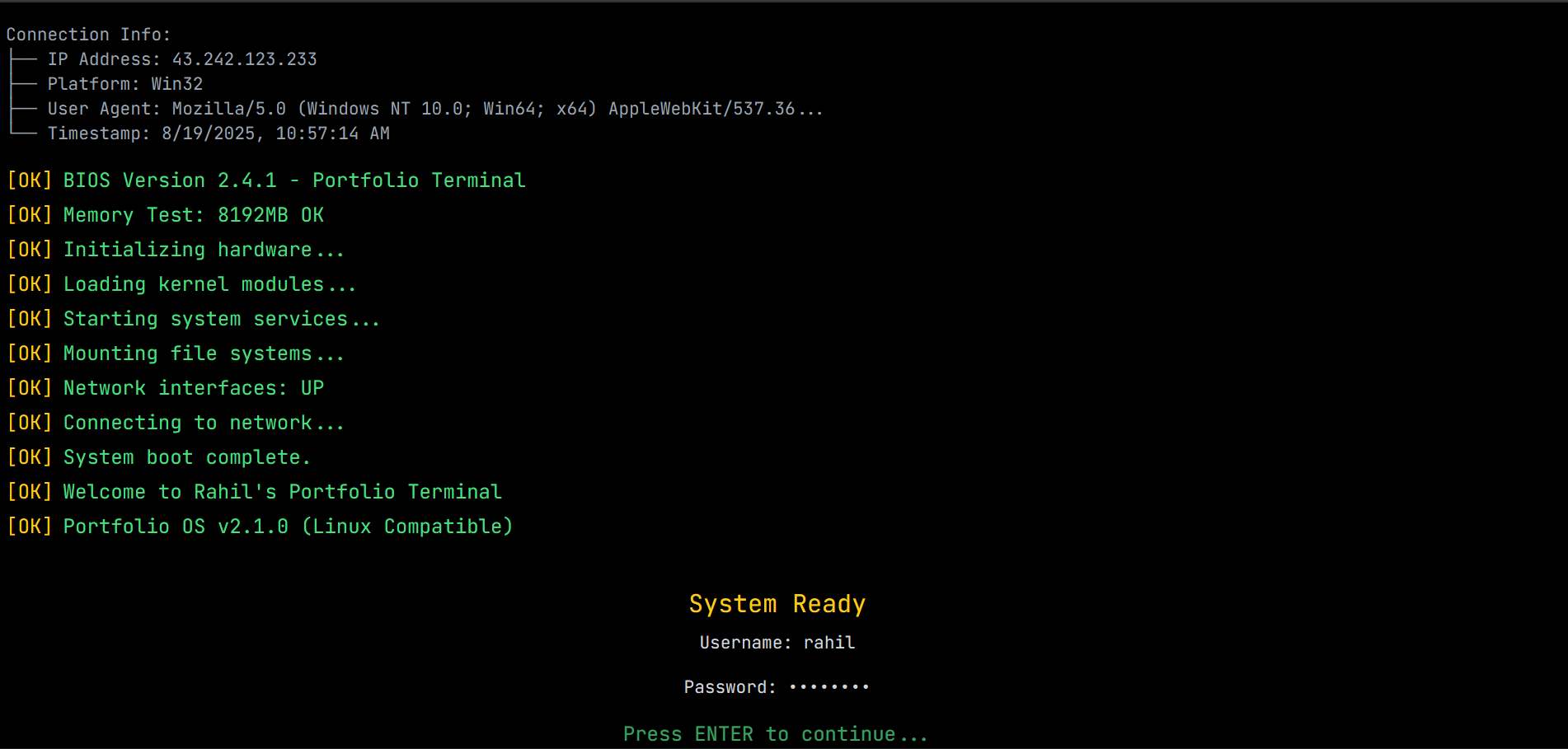 Rahil’s Portfolio Terminal — Full-Stack Developer, Open-Source & CLI UI
